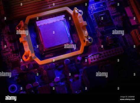 Macro Close Up Of A Microchip Processor Printed Circuit Board Or Computer Motherboard With