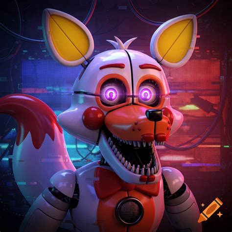 A White And Orange Animatronic Fox Character With Glowing Purple Eyes