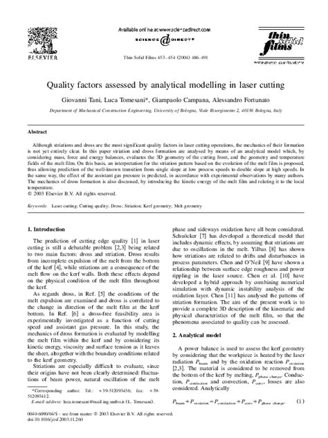 Pdf Quality Factors Assessed By Analytical Modelling In Laser Cutting Giovanni Tani
