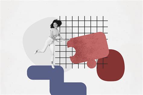 행복 한 미국 소녀의 합성 사진 콜라주 퍼즐 조각을 잡고 성공 일치 전략 진행 작업 페인트 배경에 고립 된 20 24세에 대한 스톡 사진 및 기타 이미지 Istock