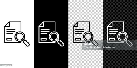 흑백 배경에서 격리된 검색 아이콘이 있는 줄 문서를 설정합니다 파일 및 돋보기 아이콘을 확대합니다 분석 연구 기호 벡터 일러스트레이션 0명에 대한 스톡 벡터 아트 및 기타