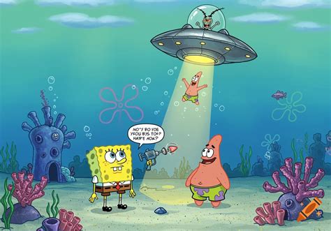 Spongebob And Patrick Are Underwater As Plankton In A Ufo Beams Patrick