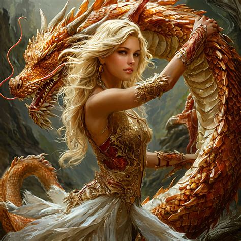 The Blonde Is Dancing With A Dragon Very Beautiful And Realistic
