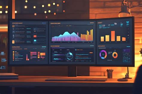 A Desktop Computer With Multiple Data Visualizations On Three Screens