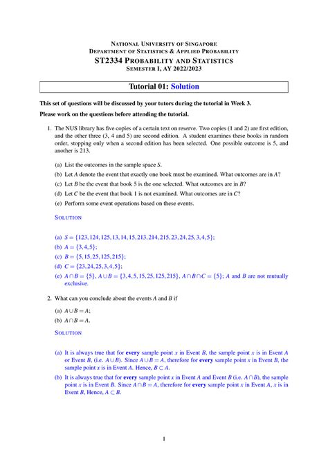 Tutorial Solution Sol NATIONAL UNIVERSITY OF SINGAPORE DEPARTMENT OF STATISTICS APPLIED