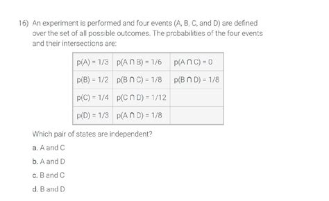 Solved 6 An Experiment Is Performed And Four Events A B C Chegg Com