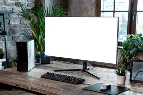 Modern Computer With Blank Monitor Screen And Peripherals On White