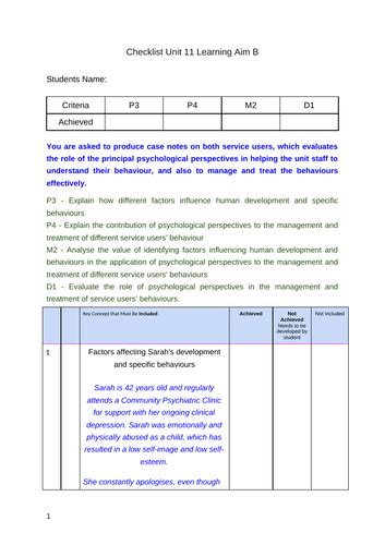 Checklist Unit 11 Learning Aim B Level 3 Btec Health And Social Care Teaching Resources