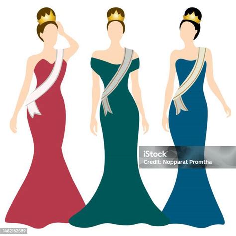 흰색 바탕에 빨간색 우아한 Evenign 가운을 입은 세 명의 미녀 여왕의 벡터 삽화 공주에 대한 스톡 벡터 아트 및 기타 이미지 공주 관능 귀여운 Istock
