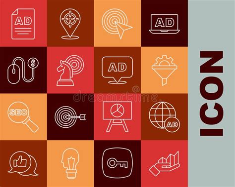 Set Line Pie Chart Infographic Advertising Sales Funnel With Gear Target Chess And Icon