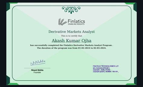 Akash Kumar Ojha On Linkedin I Am Excited To Share That I Finished The Finlatics Derivative