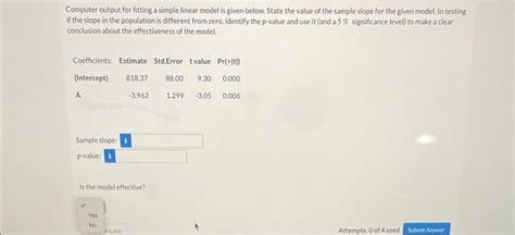 solved computer output for fitting a simple linear model is