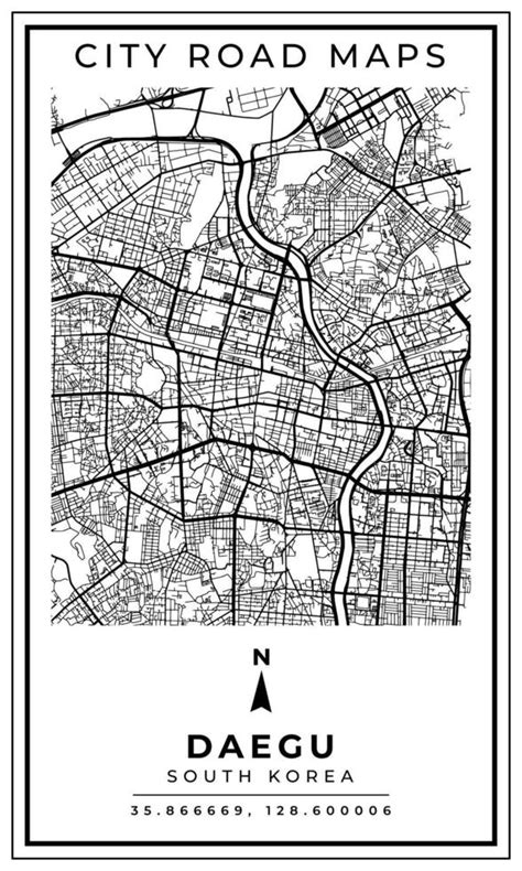 Monochrome Line Art Map Of Daegu City South Korea Illustration And