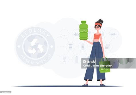 생태학과 환경 보호의 개념 한 여성이 생분해 성 플라스틱으로 만든 병을 손에 들고 있습니다 패션 트렌드 벡터 일러스트레이션 가방에 대한 스톡 벡터 아트 및 기타 이미지