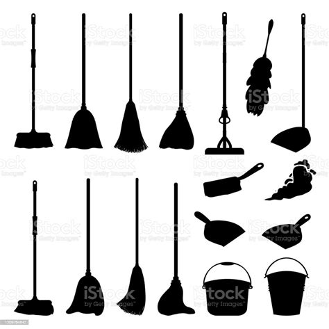 만화 가정용 장비 세트입니다 빗자루가 스쿱에 먼지와 먼지를 쓸어줍니다 걸레 또는 면봉 깃털 먼지 플라스틱 양동이 청소 서비스 개념 개체가 흰색 배경을 분리했습니다 스톡 벡터