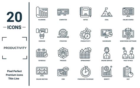 생산성 선형 아이콘 세트입니다 얇은 라인 계획 운동 일정 온라인 회의 다이어트 생산성 보고서 프리젠 테이션 다이어그램 웹 디자인을위한 대면 아이콘 포함 0명에 대한 스톡