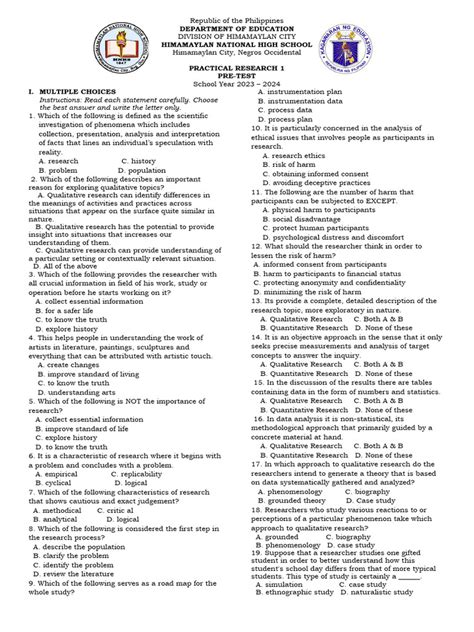 3rd Grading Exam Practical Research 1 2024 Pdf Qualitative Research Quantitative Research