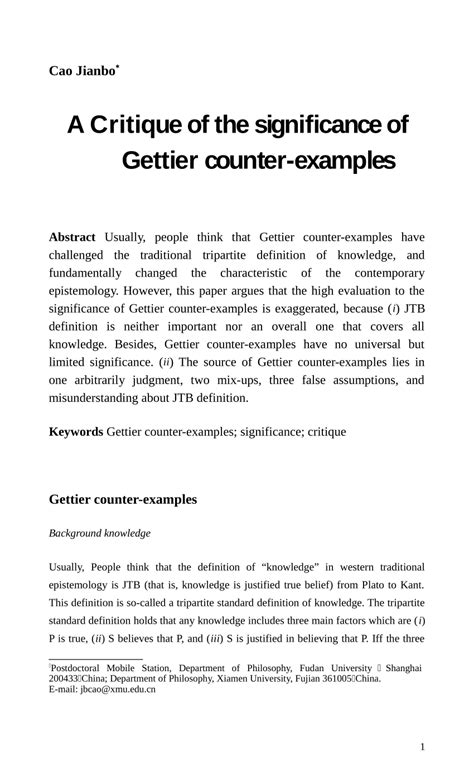 Pdf A Critique To The Significance Of Gettier Counter Examples