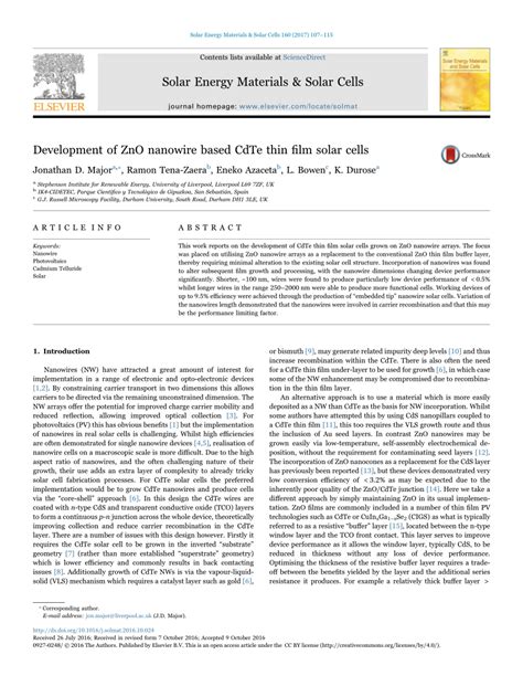 Pdf Development Of Zno Nanowire Based Cdte Thin Film Solar Cells