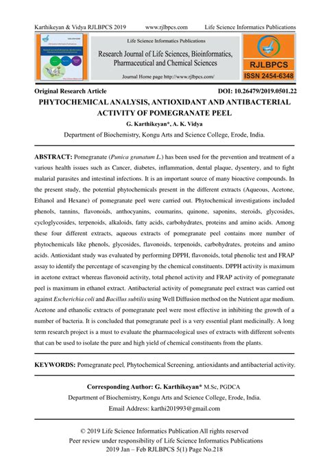 Pdf Phytochemical Analysis Antioxidant And Antibacterial Activity Of Pomegranate Peel