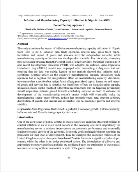 Pdf Inflation And Manufacturing Capacity Utilization In Nigeria An Ardl Bound Testing Approach
