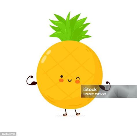 귀여운 재미 파인애플 과일 쇼 근육 벡터 핸드 그린 만화 가와이 캐릭터 일러스트 아이콘 흰색 배경에 격리 파인애플 과일 피트니스 컨셉 0명에 대한 스톡 벡터 아트 및 기타