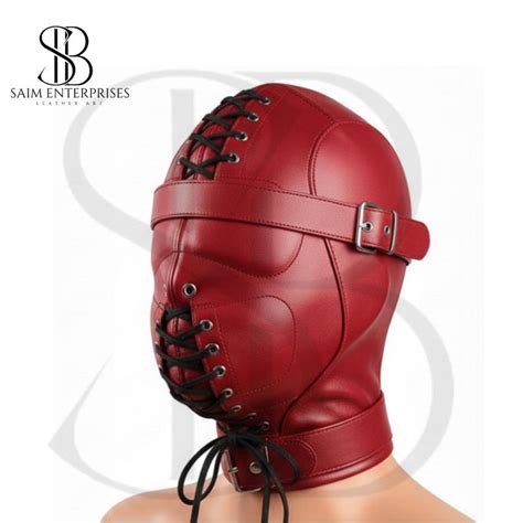 New Handmade Red Leather Hood Sensory Deprivation Mask Lace Up
