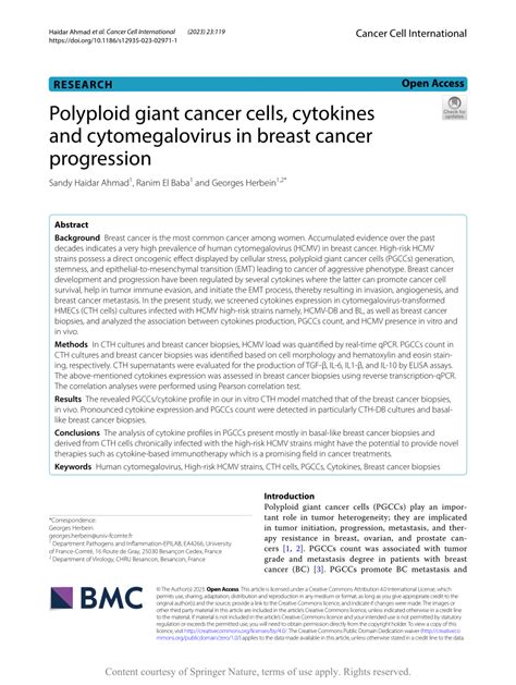 Pdf Polyploid Giant Cancer Cells Cytokines And Cytomegalovirus In Breast Cancer Progression