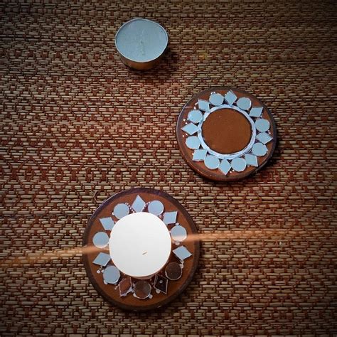Kutch Pottery Mirror Work Tealight Holders Set Of 2 Terracotta By Sachii