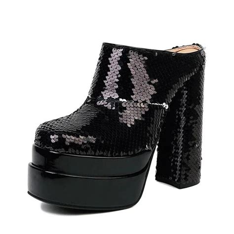 Lib Round Toe Chunky Heels Platforms Sequins Blings Sandals Black In