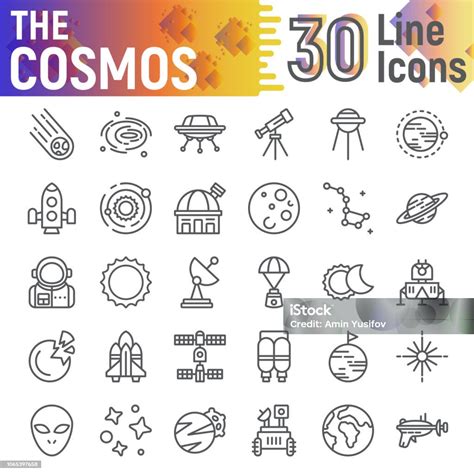 코스모스 라인 아이콘 세트 공간 기호 컬렉션 벡터 스케치 로고 삽화 천문학 표지판 선형 무늬 패키지에 고립 된 백색 배경 10에 대한 스톡 벡터 아트 및 기타 이미지
