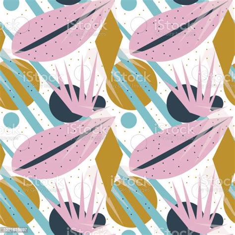 복고풍 기하학적 매끄러운 패턴 트렌디 한 야자수 잎 끝없는 배경 반복 질감 벡터 일러스트레이션 0명에 대한 스톡 벡터 아트 및
