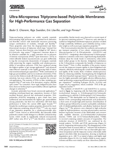 Pdf Ultra Microporous Triptycene Based Polyimide Membranes For High Performance Gas Separation