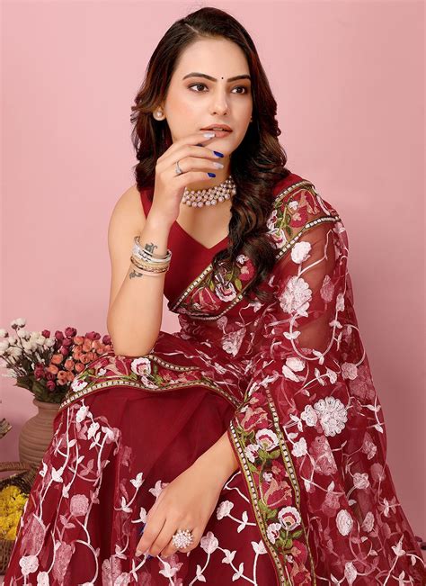 Buy Red Net Classic Sari With Embroidered Work 290666