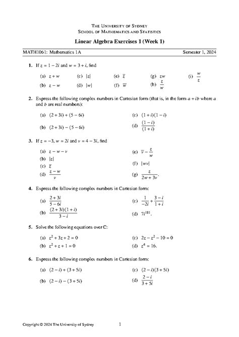 La Exercises 01 Linear Algebra Exercises The University Of Sydney