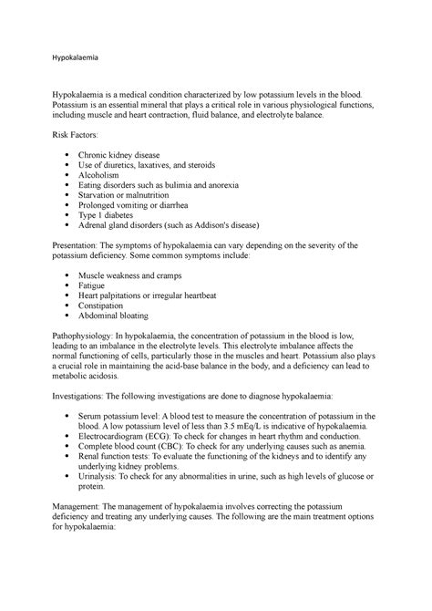 On Hypokalaemia Hypokalaemia Hypokalaemia Is A Medical Condition Characterized By Low