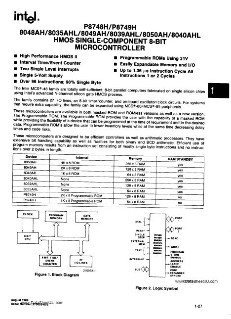 P8050ah P8039ahl P8xxx Hmos Single Component 8 Bit Microcontroller