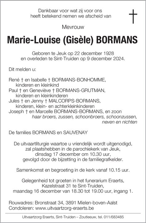 Marie Louise Gisèle Bormans † 09 12 2024 Inmemoriam