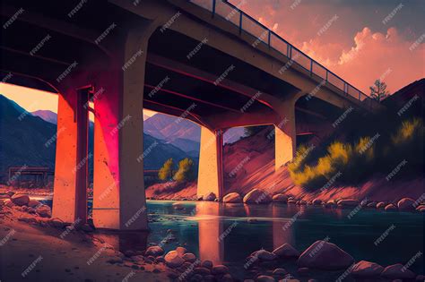 Premium Photo Landscape Bridge Over The River On The Background Of Sunset