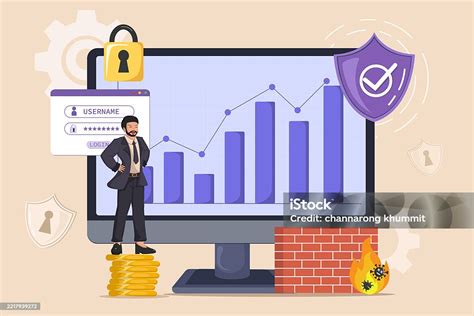 금융 보안 및 데이터 보호 코인 더미 위에 서서 보안 로그인 화면 긍정적인 성장 차트 사이버 위협에 대한 강력한 방화벽 방어를 감독하는 사업가 개념에 대한 스톡 벡터 아트