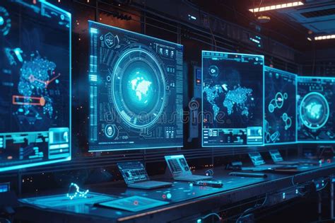 A Futuristic Control Room With Multiple Monitors Displaying Data Maps