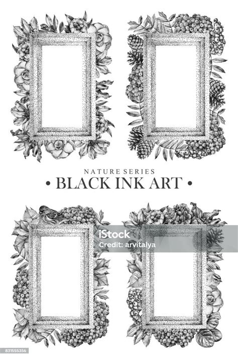 점선된 꽃 새와 식물 검정 잉크를 사용 하 여 손으로 그린 사각형 프레임 세트 꽃 식물에 대한 스톡 벡터 아트 및 기타 이미지 꽃 식물 도트워크 잎 Istock