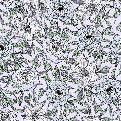 손으로 그린 모란 장미 백합의 매끄러운 패턴 화려한 꽃과 나뭇잎이 있는 나뭇가지 인사말 카드 벽지 포장지 패브릭을 위한 장식적인 꽃 벡터 그림 0명에 대한 스톡 벡터 아트