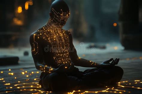 Ai Generated Illustration Of A Meditating Human Figure With Glowing Circuit Patterns Stock