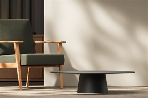 자연 채광이 들어오는 나무 의자와 검은색 커피 테이블이 있는 미니멀한 거실 3d 렌더링 0명에 대한 스톡 사진 및 기타 이미지