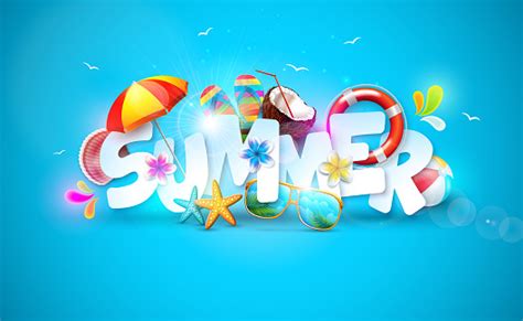 여름 휴가 배너 디자인 3d 레터링과 오션 블루 배경에 다채로운 해변 요소 꽃 열대 식물 및 전단지 초대장 브로셔 포스터 또는 인사말 카드를위한 햇빛 갈매기에 대한 스톡