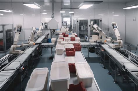 assembly line with robotic arms and hands assembling products and packaging them for shipment