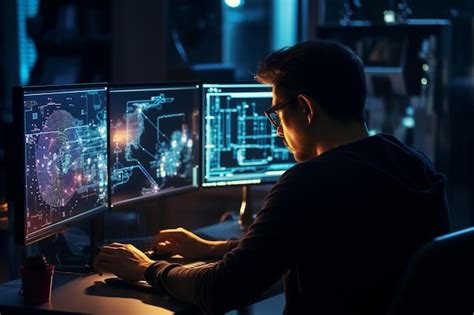 A Man Works On A Computer With A Blue Background And A Man Working On A Computer Premium Ai