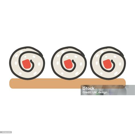 나무 접시에 연어와 김밥을 곁들인 초밥 롤 아시아 음식 메뉴 스티커 벽 예술 레스토랑 로고에 대 한 귀여운 손으로 그린 만화 그림 0명에 대한 스톡 벡터 아트 및 기타