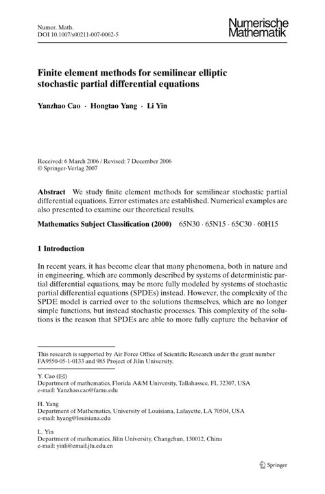 Pdf Finite Element Methods For Semilinear Elliptic Stochastic Partial